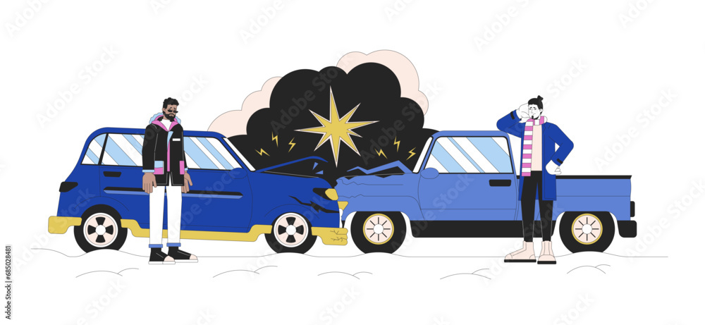 Multi-vehicle accident during winter storm line cartoon flat ...