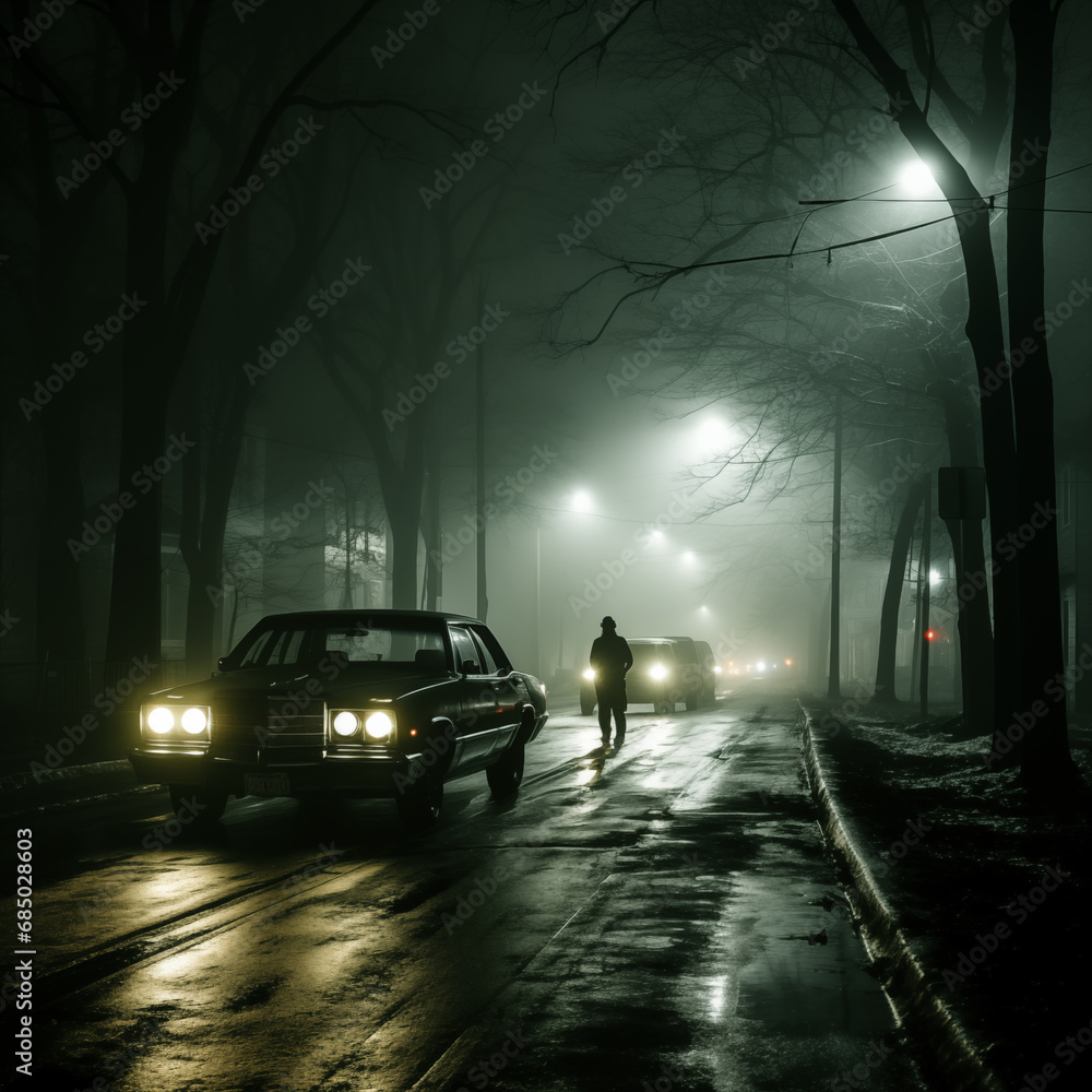 Like a vintage thriller scene, dark alley, foggy night,silhouette of a ...