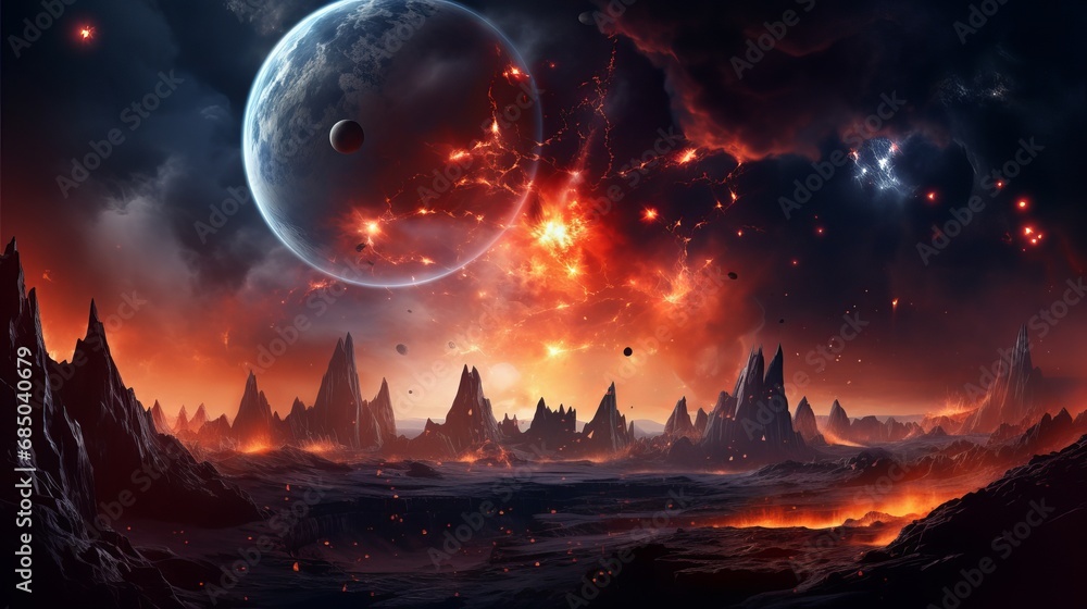 fiery fantasy: mystical planet, glowing stars, nebulae, and falling ...