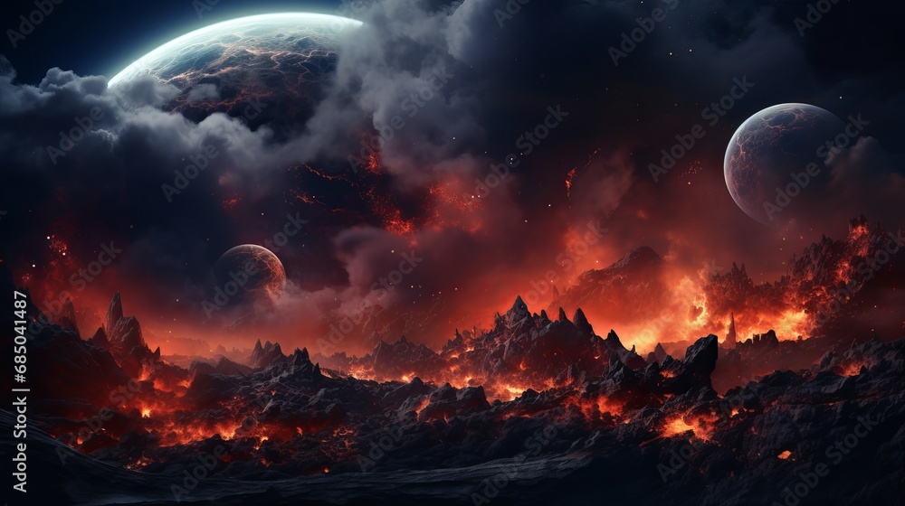 fiery fantasy: mystical planet, glowing stars, nebulae, and falling ...