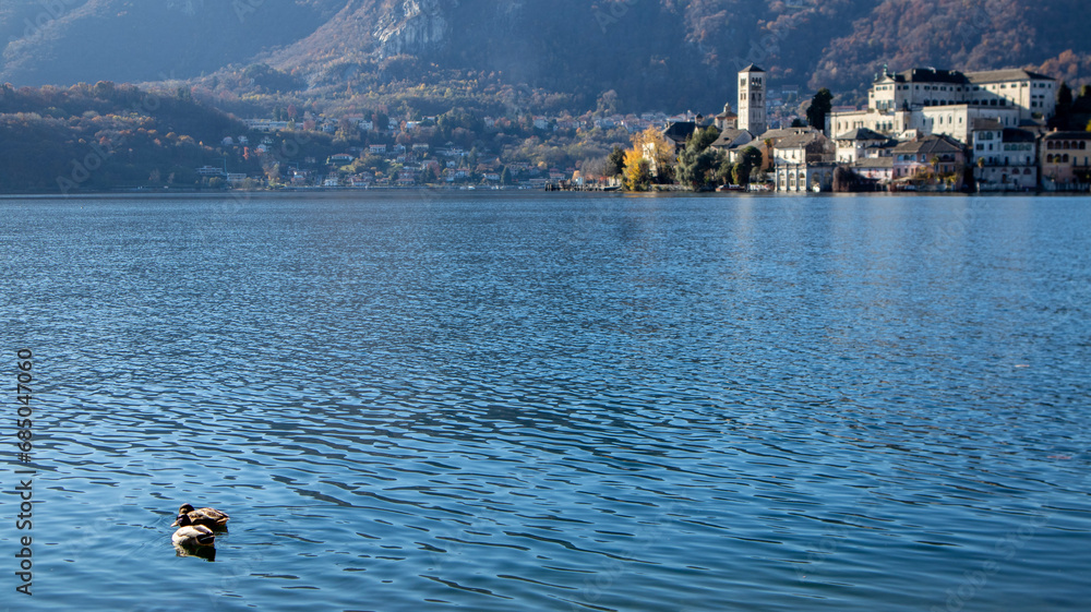 San Giulio island in the middle of the Orta lake, famous for the ...