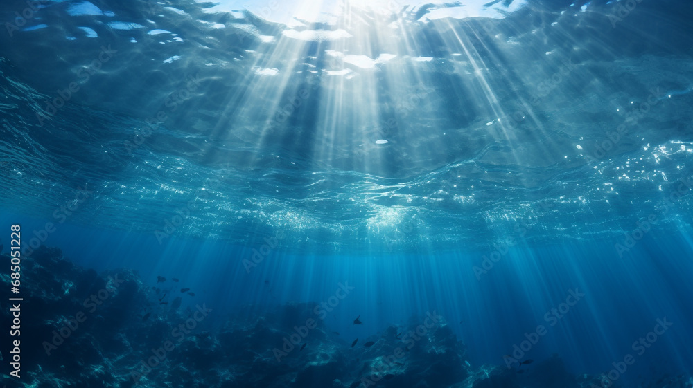 Fotografía Beautiful blue ocean background with sunlight and undersea scene, Yuwarin | Posters.es