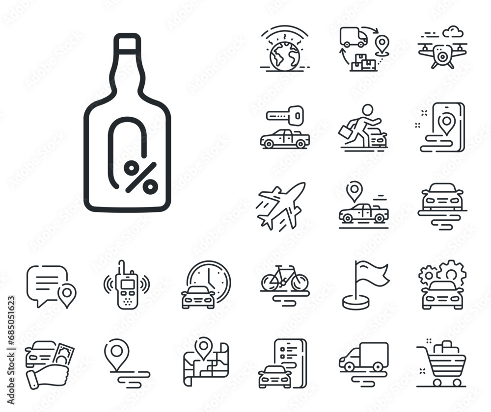 Whiskey bottle sign. Plane, supply chain and place location outline ...