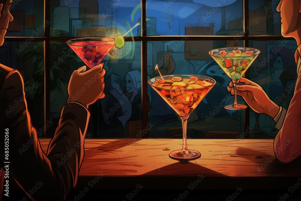 Cocktails at the bar in the night club. Vector illustration, Friends ...