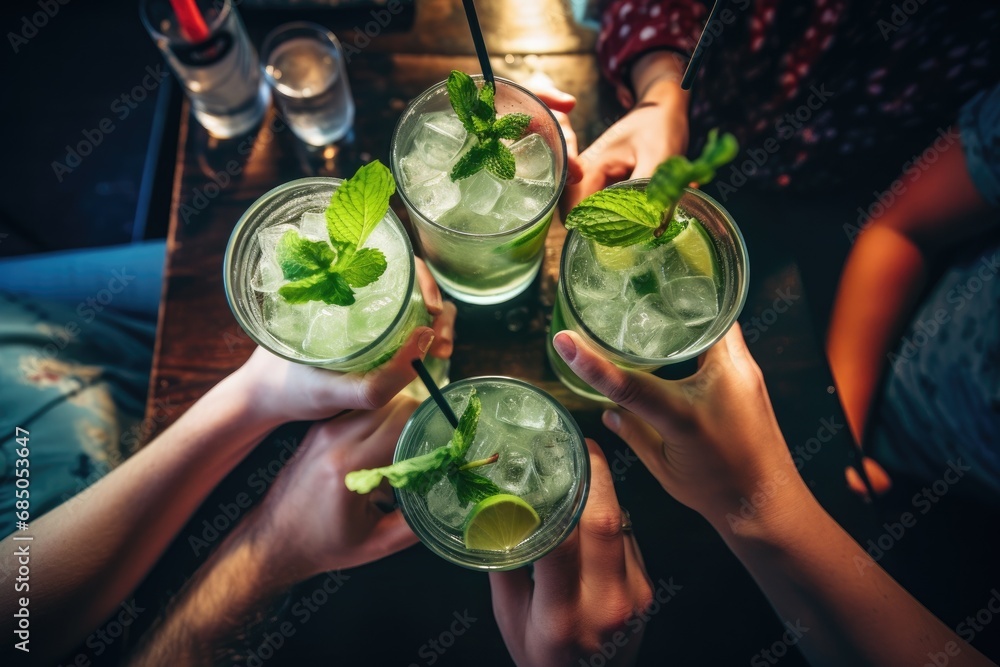 Close-up of a group of people drinking mojito at the bar, Happy group ...