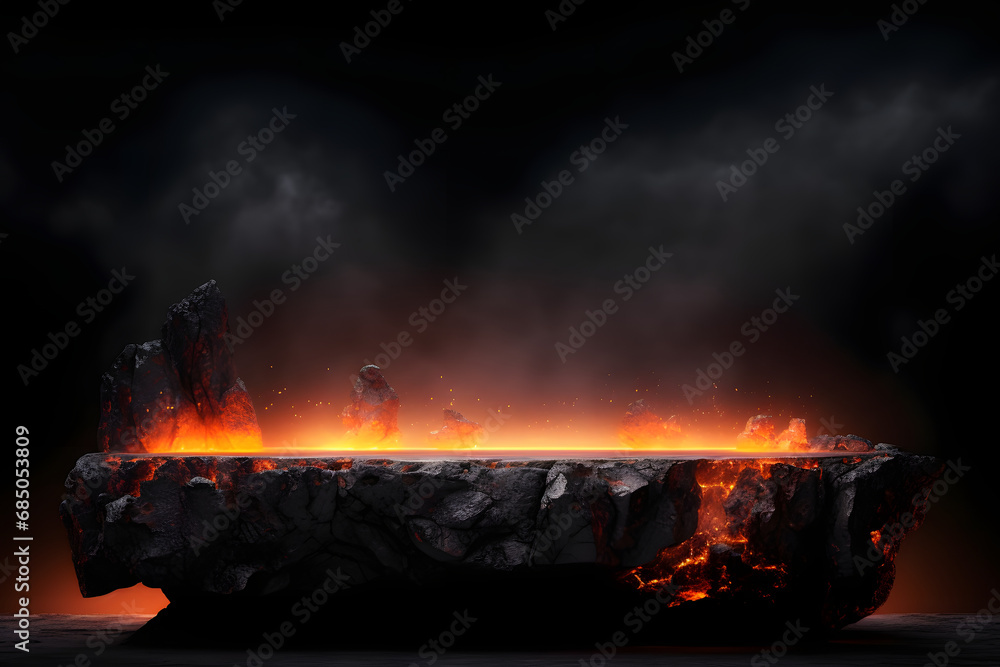 Stone podium. lava erupts rocks smelt, volcano hot magma rock ground ...