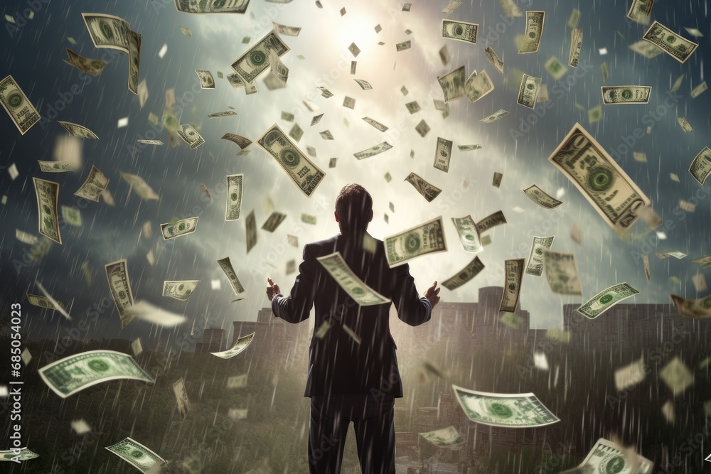Businesswoman standing in rain with dollar banknotes flying in the air ...