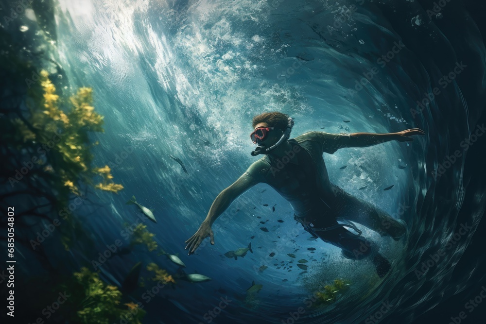 Underwater view of young man diving in deep blue ocean with fishes, A ...