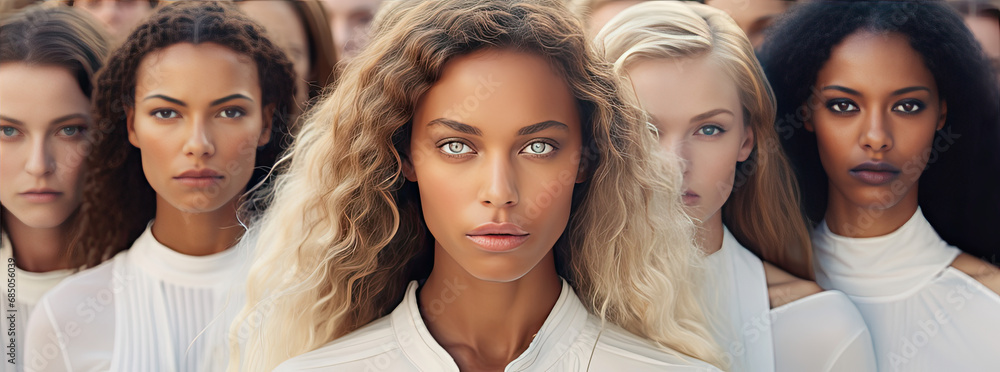 Women with many skin tones, hair colors and ethnicities stand together ...