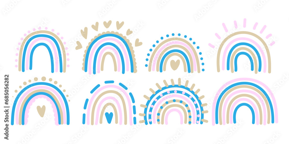 Boho blue pastel colored rainbow clipart set of rainbows with hearts ...