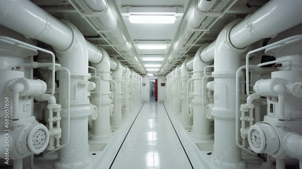 Ship engine control room with bright white light, gauges, switches ...