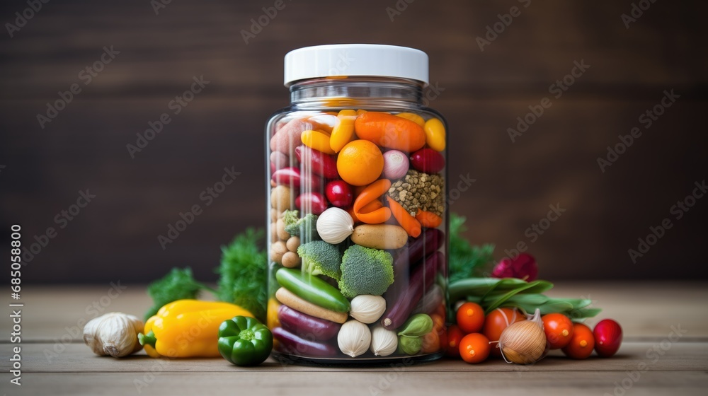 Assorted vitamins neatly arranged in a transparent glass jar. Vibrant ...