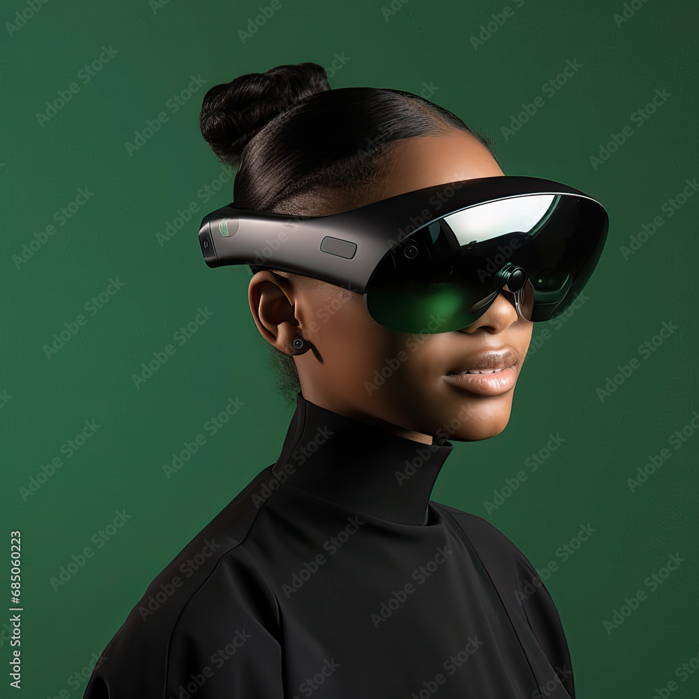 Side profile portrait of a black woman wearing an extended reality, xr ...