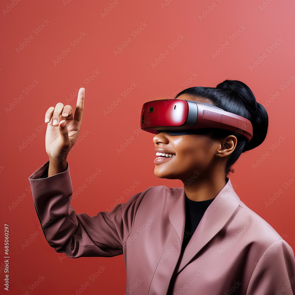 Black woman wearing an extended reality, xr, headset and raising hand ...