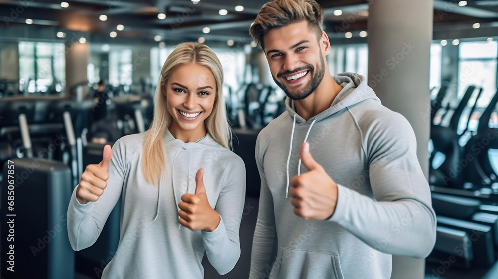 Male fitness trainer and female client in fitness gym are giving thumbs ...