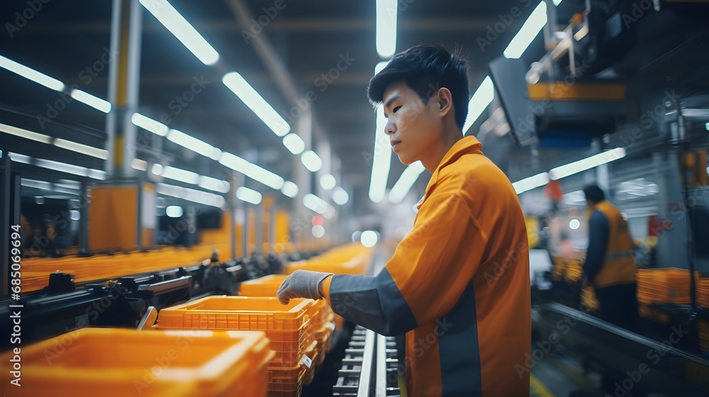 Conveyor rhythm, energetic young man oversees automated processes in a ...