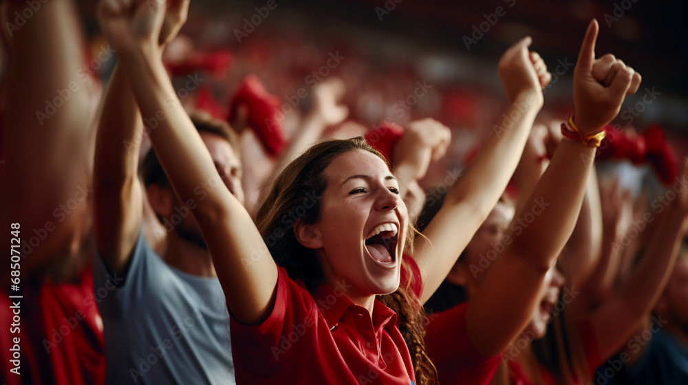 Excited female sports fans wearing red clothes celebrating victory of ...