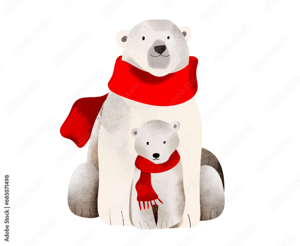 Cute family of polar bears. Mom and baby bears in red winter scarfs ...