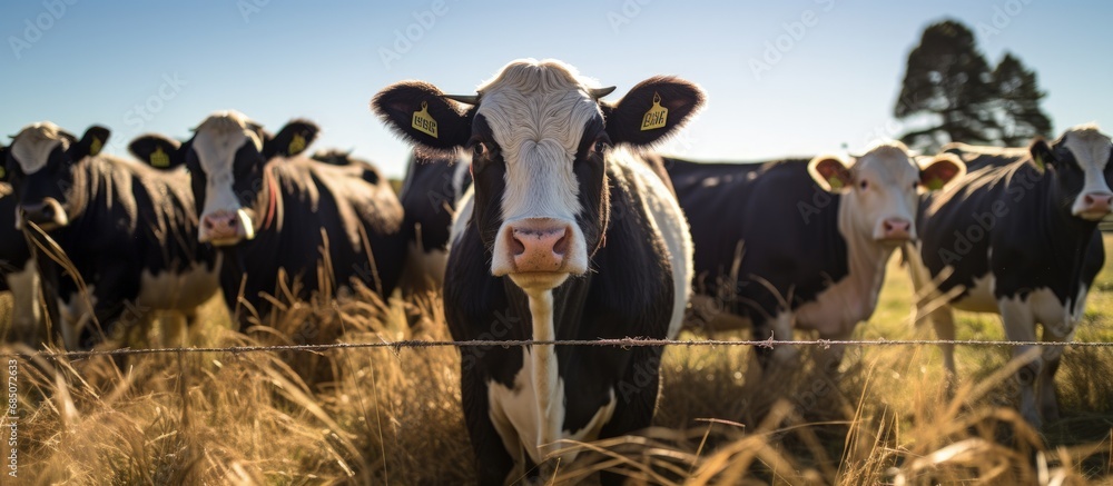 Grazing beef cows and calfs south west Victoria Australia eating hay ...