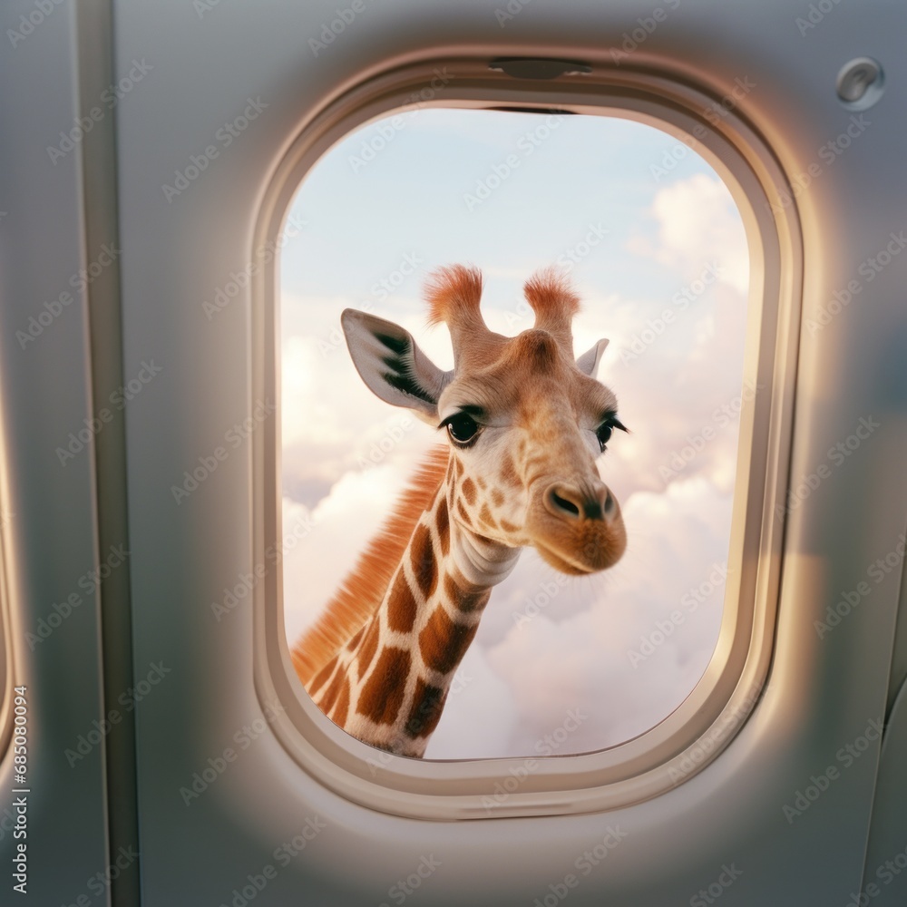 Giraffe looking through the window of an airplane. 3d rendering. Stock ...