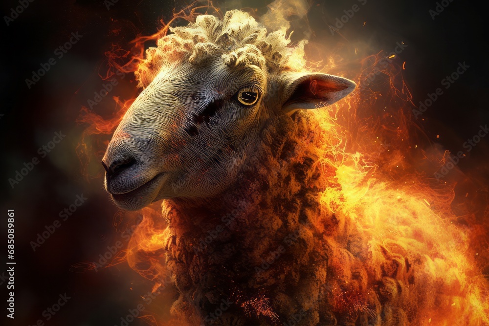 Nightmare sheep with fire flames. Horrified scary lucifer animal in ...
