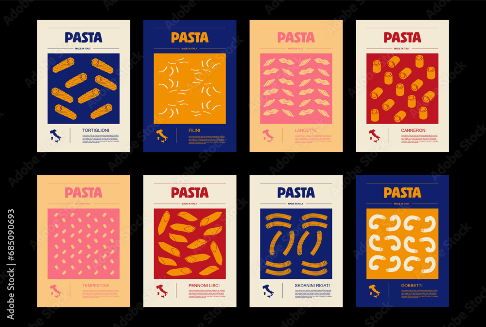 Italian macaroni types, labels for packages set. Tortiglioni, filini ...