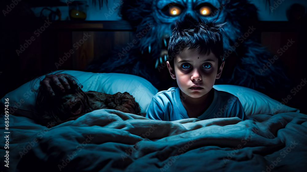 Young boy laying in bed in front of creepy monster head with glowing ... Young boy laying in bed in front of creepy monster head with glowing ...