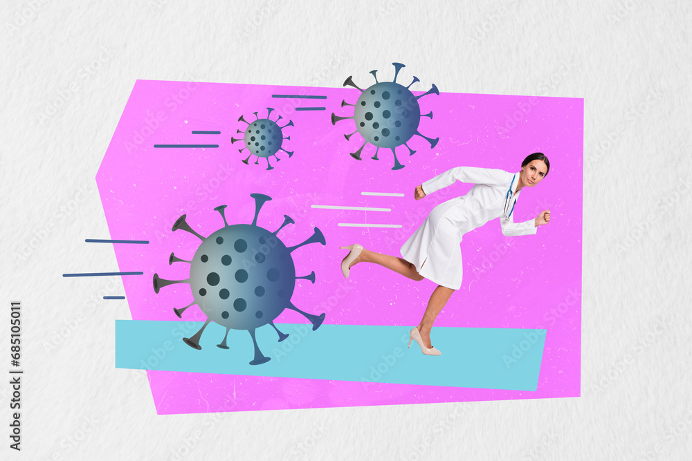 Artwork collage picture of mini doctor lady run fast big flying virus ...