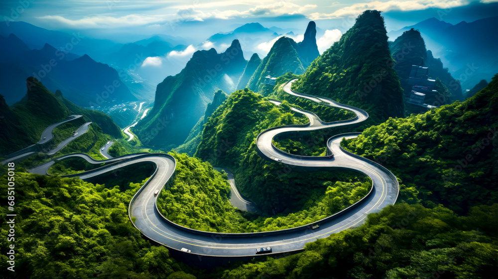Aerial view of winding road in the mountains with mountain range in the background. Stock Photo ...