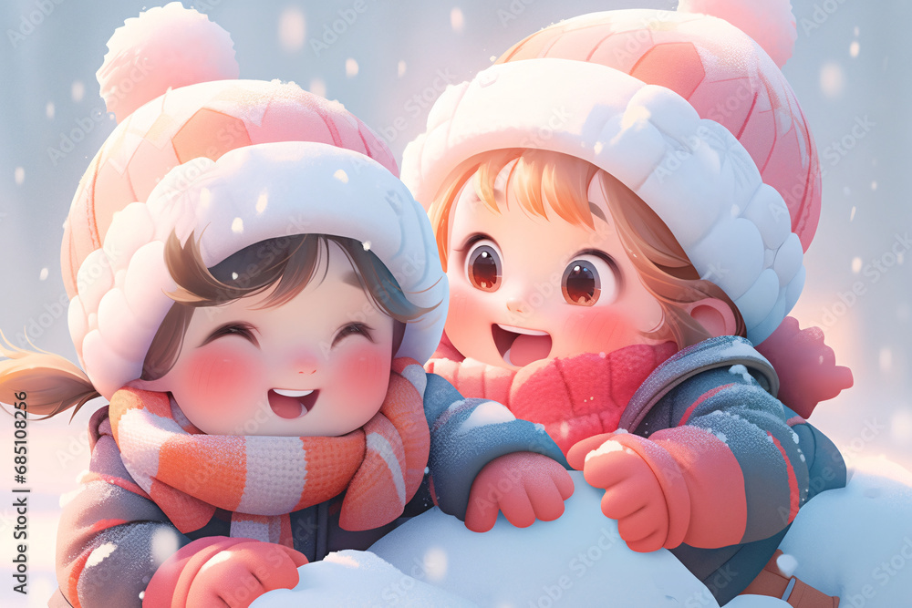 Winter solstice, children having snowball fight outdoors 3D scene ...