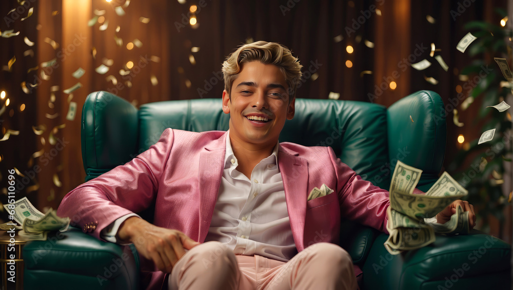 Happy and shoutting rich boy millionaire sits with a bundle of money ...