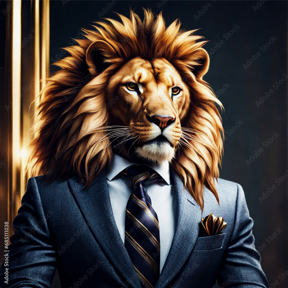 Humanoid Animal Lion Portrait Majestic Lion Wearing an Elegant Modern Suit and Tie Lion King ...