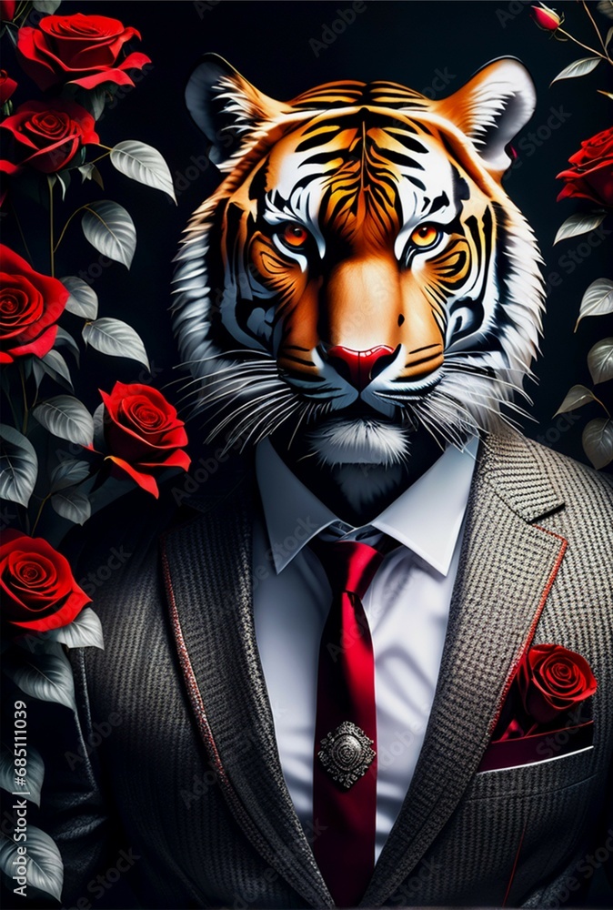 Humanoid Animal Tiger Portrait Majestic Tiger Wearing an Elegant Modern ...