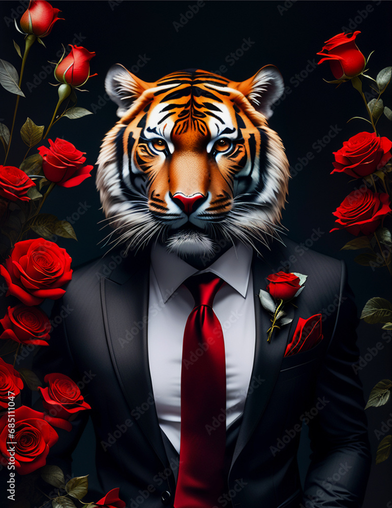 Humanoid Animal Tiger Portrait Majestic Tiger Wearing an Elegant Modern ...