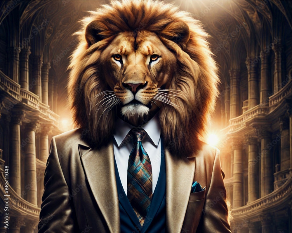 Humanoid Animal Lion Portrait Majestic Lion Wearing an Elegant Modern ...