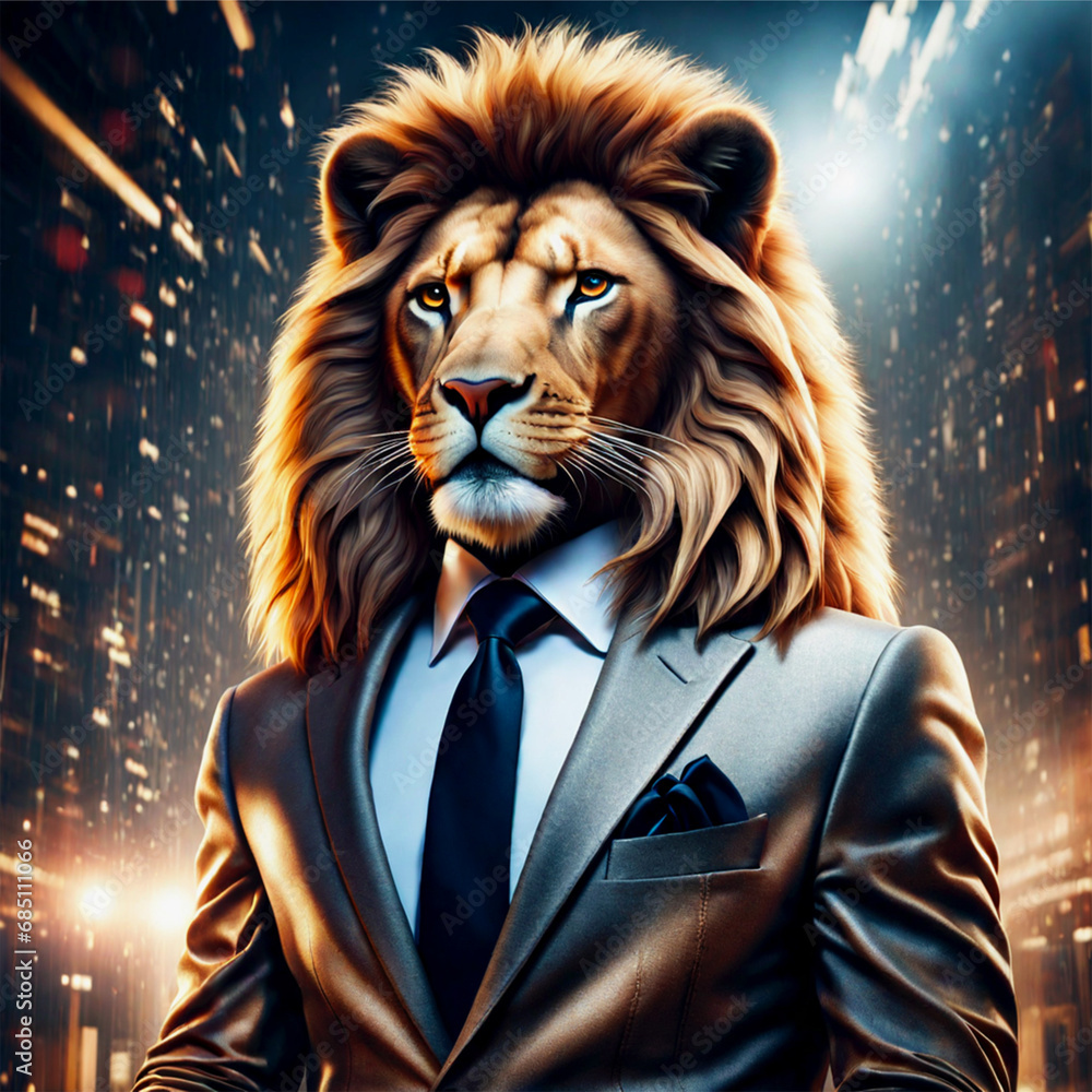 Humanoid Animal Lion Portrait Majestic Lion Wearing an Elegant Modern ...