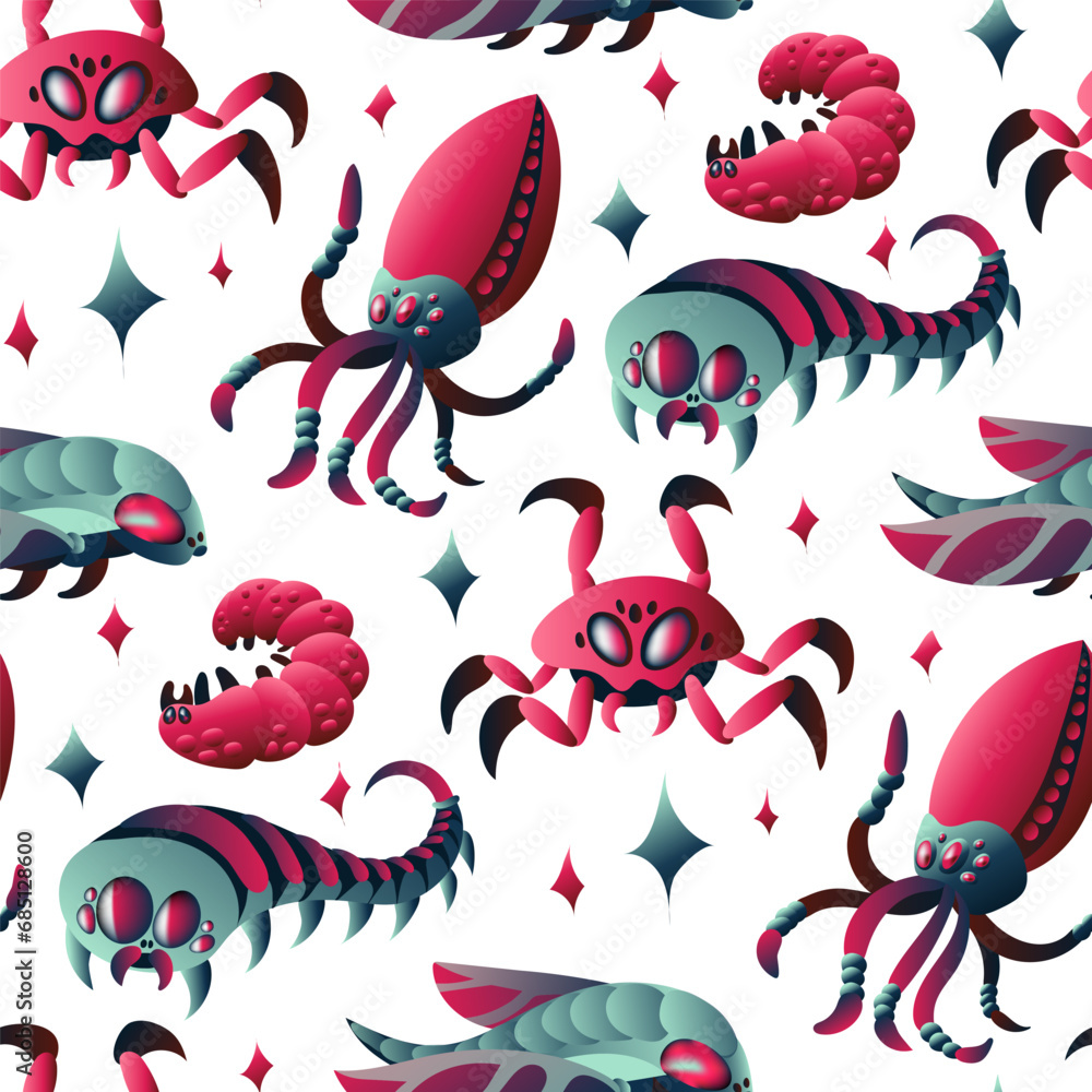 A pattern with space insects in the form of a fly, crab, centipede ...