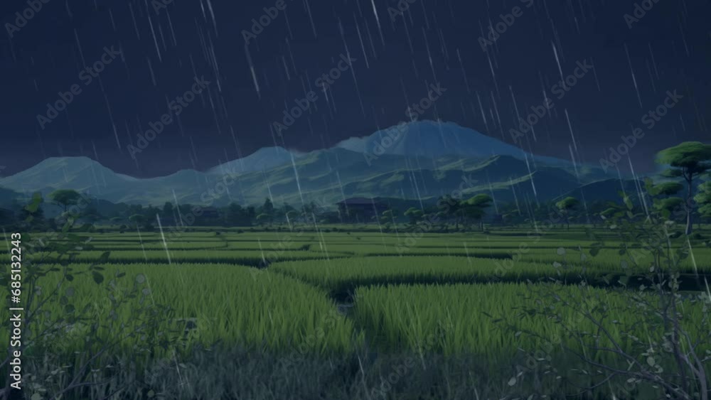 Rain in the rice fields with lightning view animation landscape ...