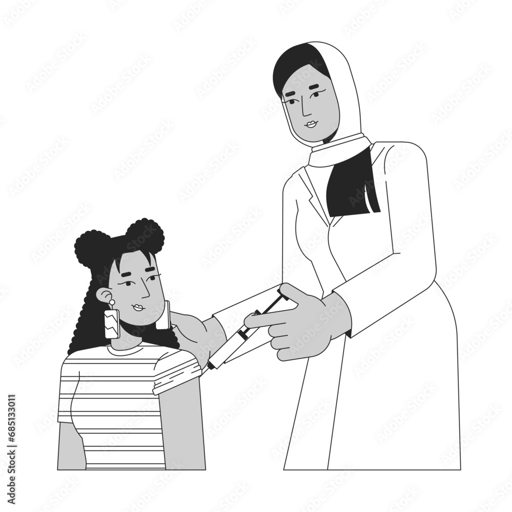 Latina student vaccination female doctor black and white 2D line ...