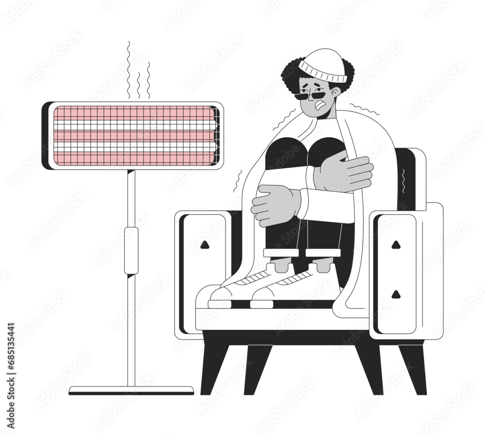 Using electric heater in winter black and white cartoon flat ...