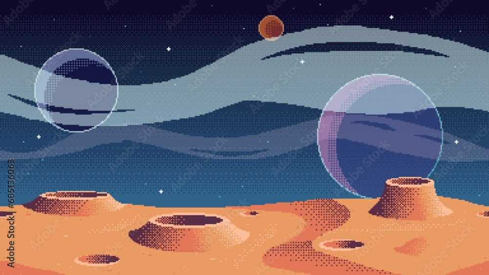 Looping animation of pixel art planet surface background with flying ...