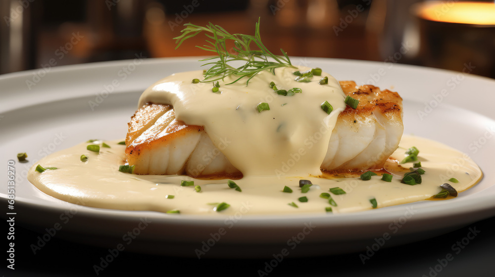 Closeup of cooked white fish filet with white creamy cheese sauce ...
