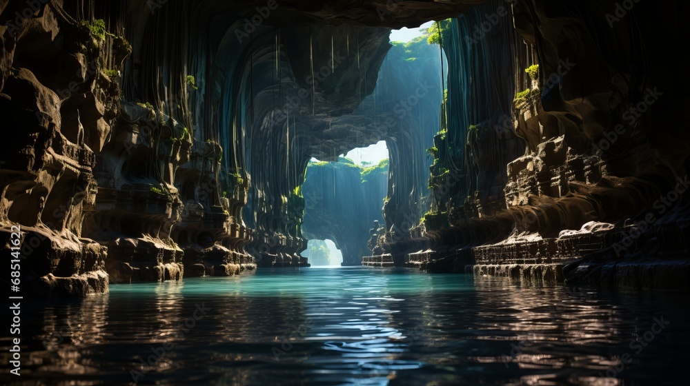 a cave with a river stream surrounded by moss-covered stones. Daylight ...