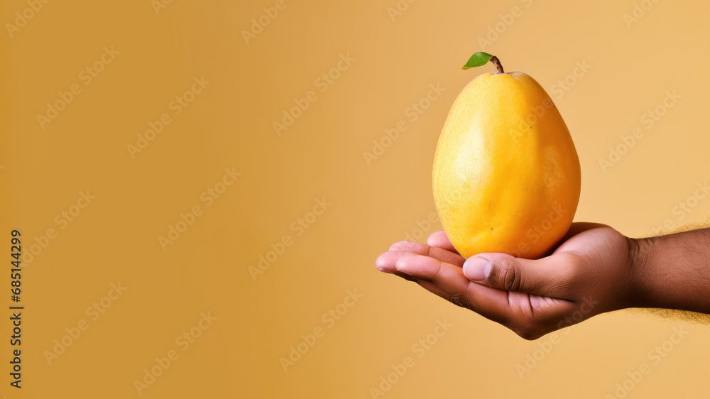 Hand holding mango fruit isolated on pastel background Stock Photo ...