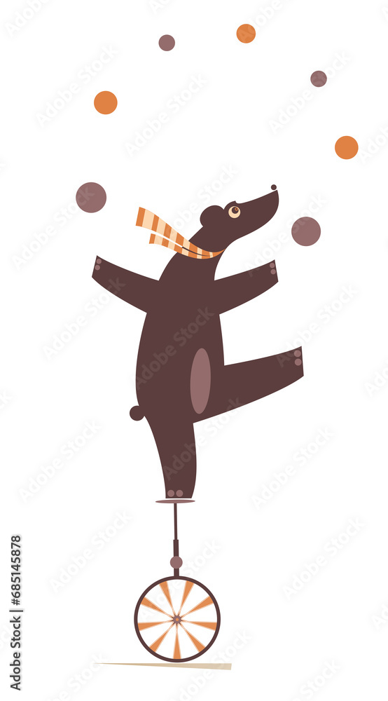 Funny bear balances on the unicycle. Cartoon bear balances on unicycle ...