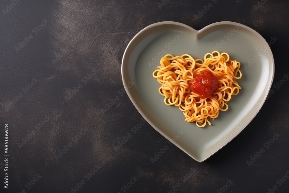 Heart-shaped plate with pasta spaghetti and tomato sauce, a symbol of ...