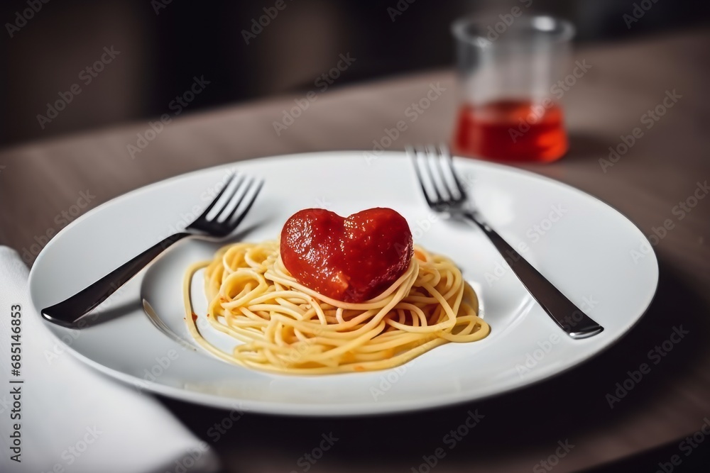 Heart-shaped plate with pasta spaghetti and tomato sauce, a symbol of ...