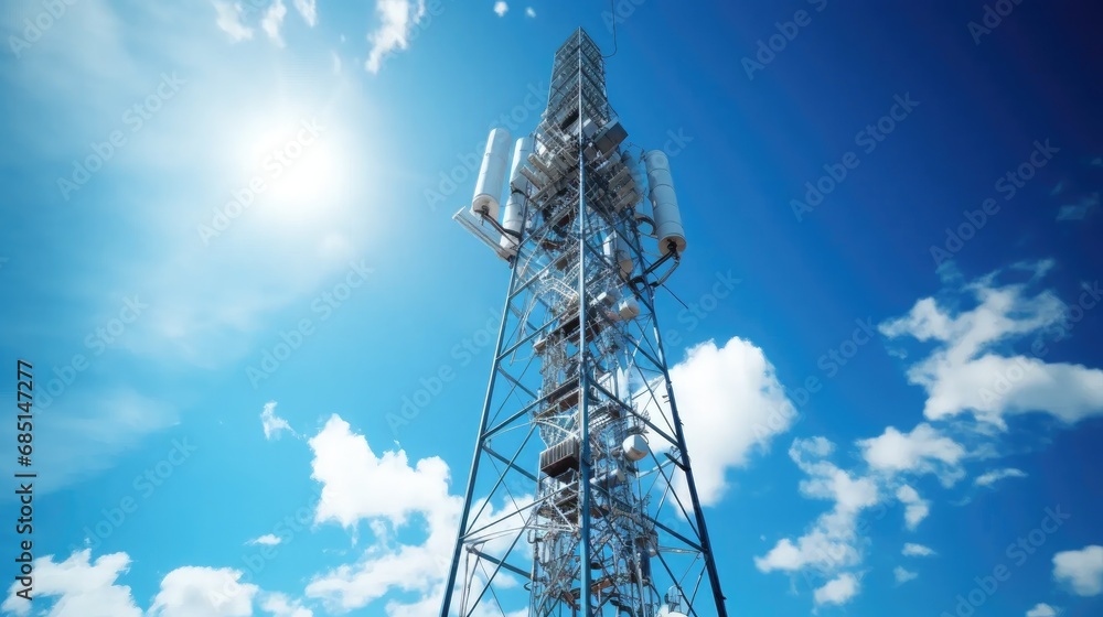 Rise of connectivity: bottom perspective of a modern 5G tower against a ...