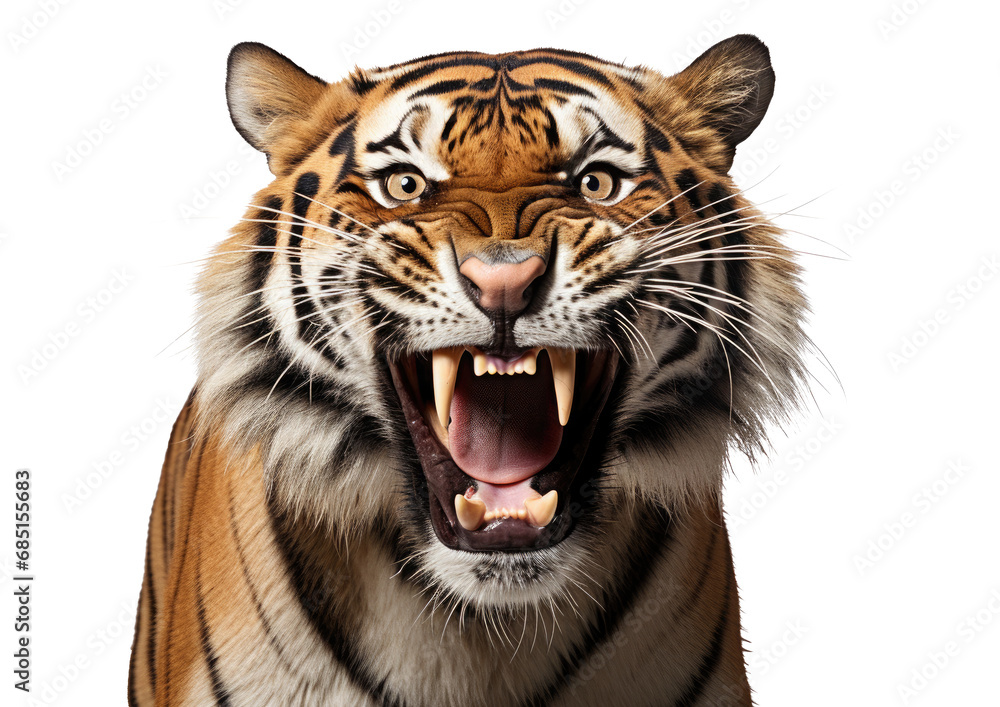 Retrato de un tigre rugiendo con un fondo blanco, fuerza, poder ...