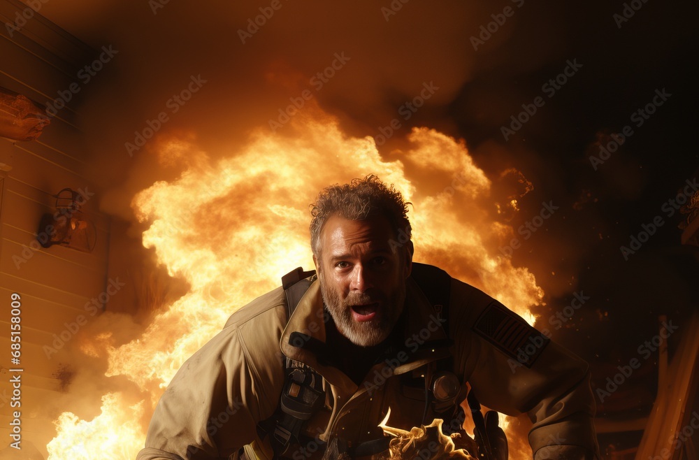 Male firefighter among fire and smoke, dangerous work of fire brigade ...